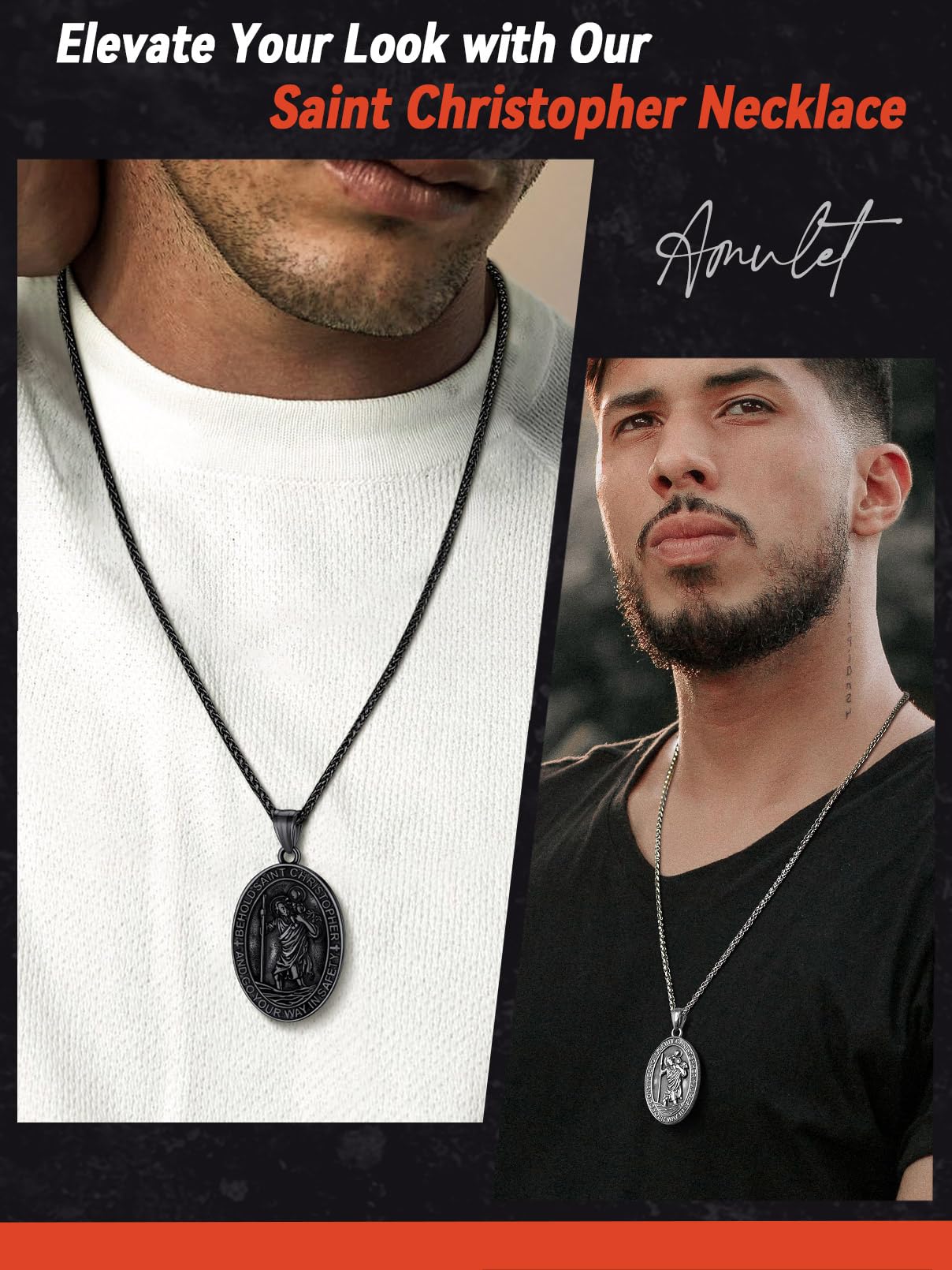 FaithHeart Black St. Christopher Necklace for Men Christian Amulet Jewelry with Stainless Steel Wheat Chain Oval Medal Pendant for Prayer
