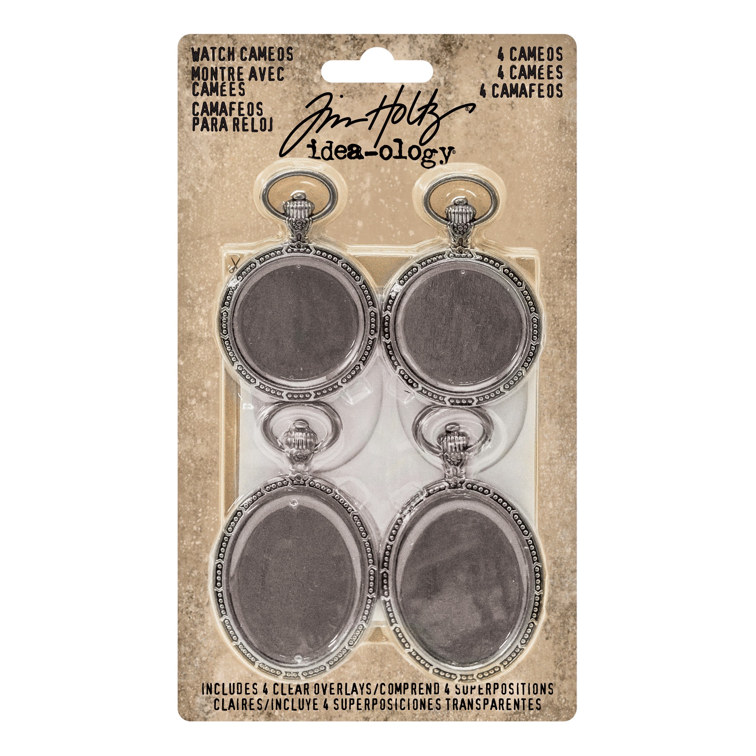 Tim Holtz Idea-ology Watch Cameos 4/Pack of Embellishments, 2 Inch and 2.5 Inch Tall Designs, Antique Nickel Finish (TH93264)