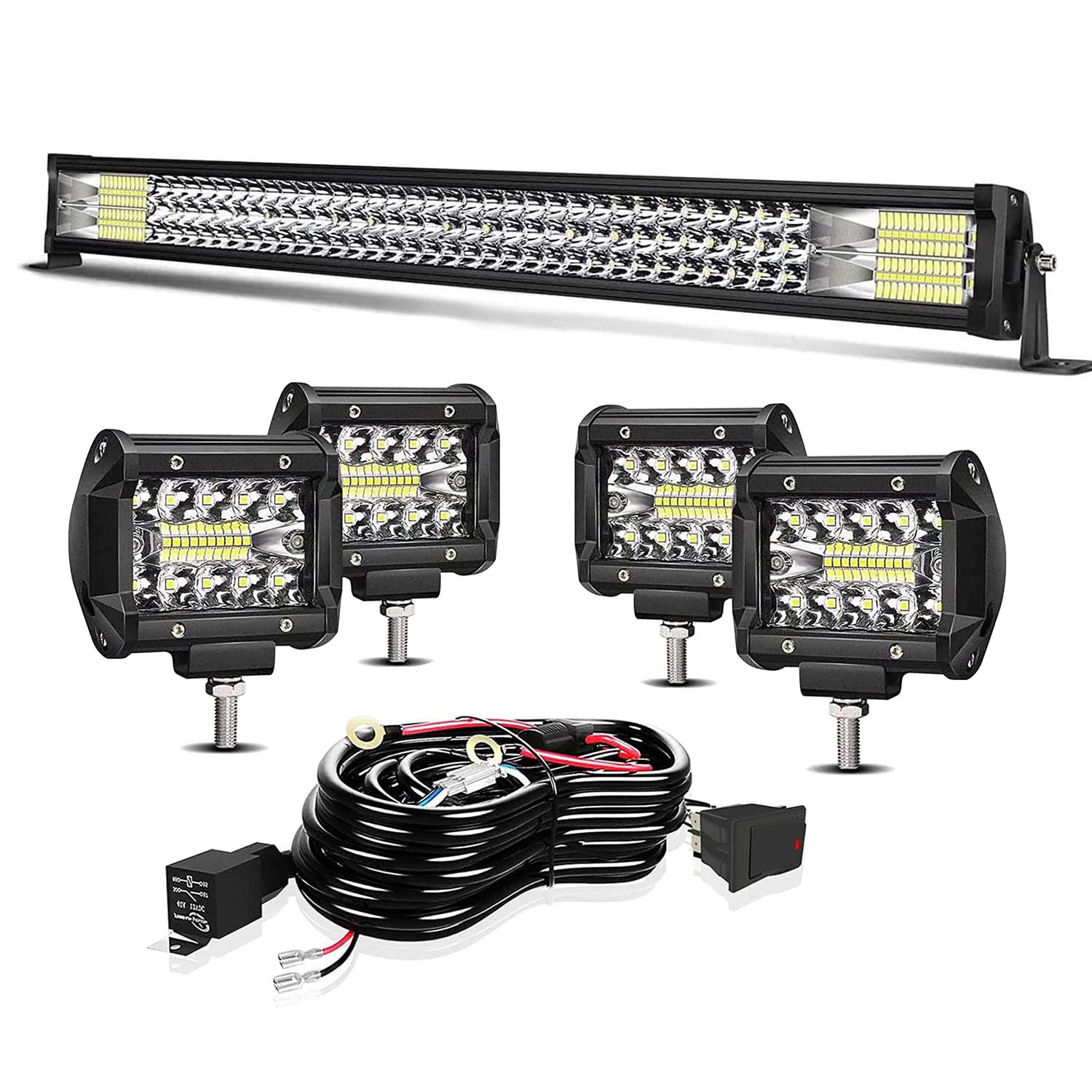 TURBO SII - LED Light Bar 32 Inch 441W Triple Row Flood Spot Combo Beam Offroad Driving Light 4Pcs 4 Inch 60W LED Cubes Lights with 3-Leads Wiring Harness for Trucks ATV UTV Polaris SUV Boats