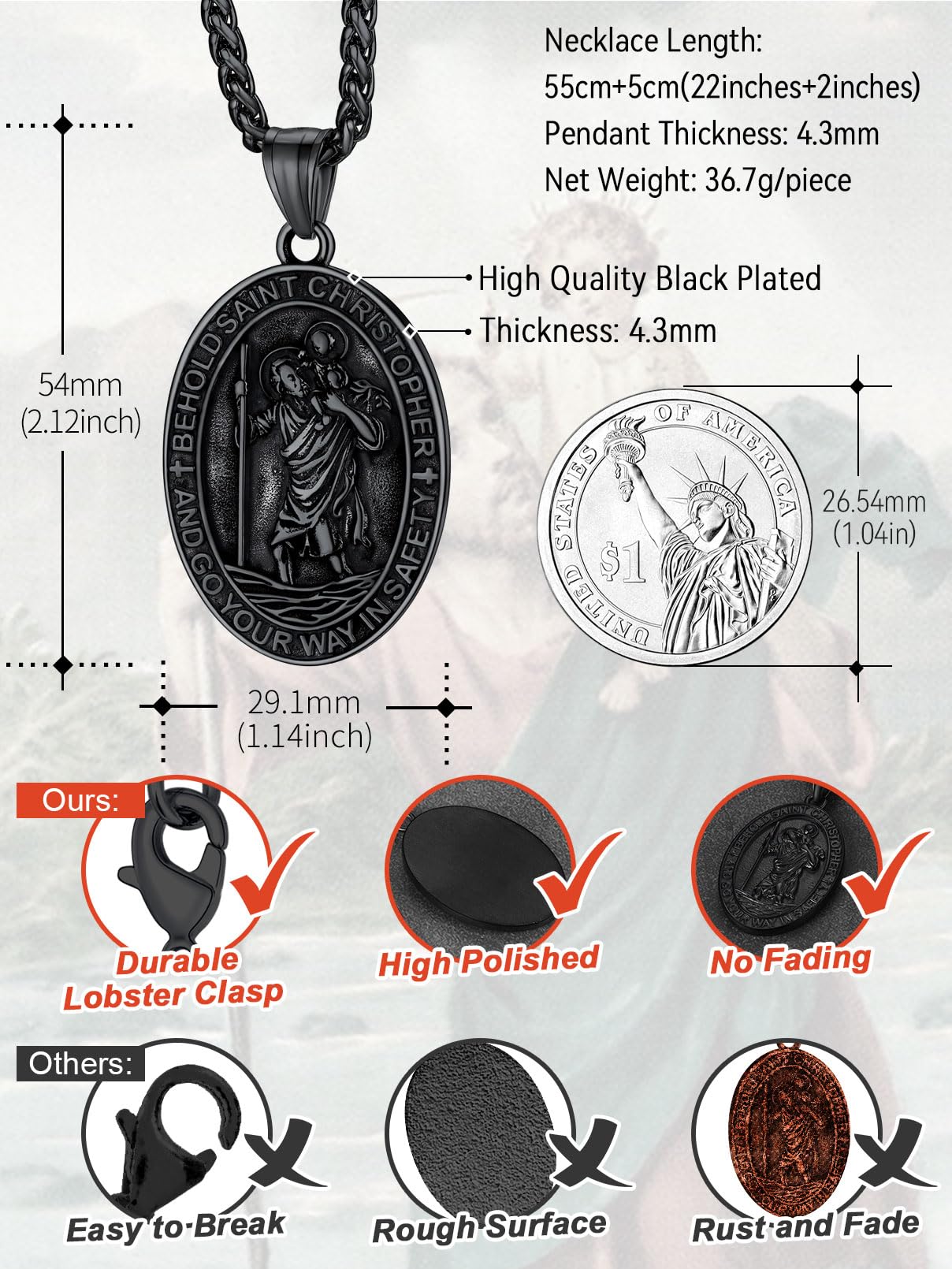 FaithHeart Black St. Christopher Necklace for Men Christian Amulet Jewelry with Stainless Steel Wheat Chain Oval Medal Pendant for Prayer