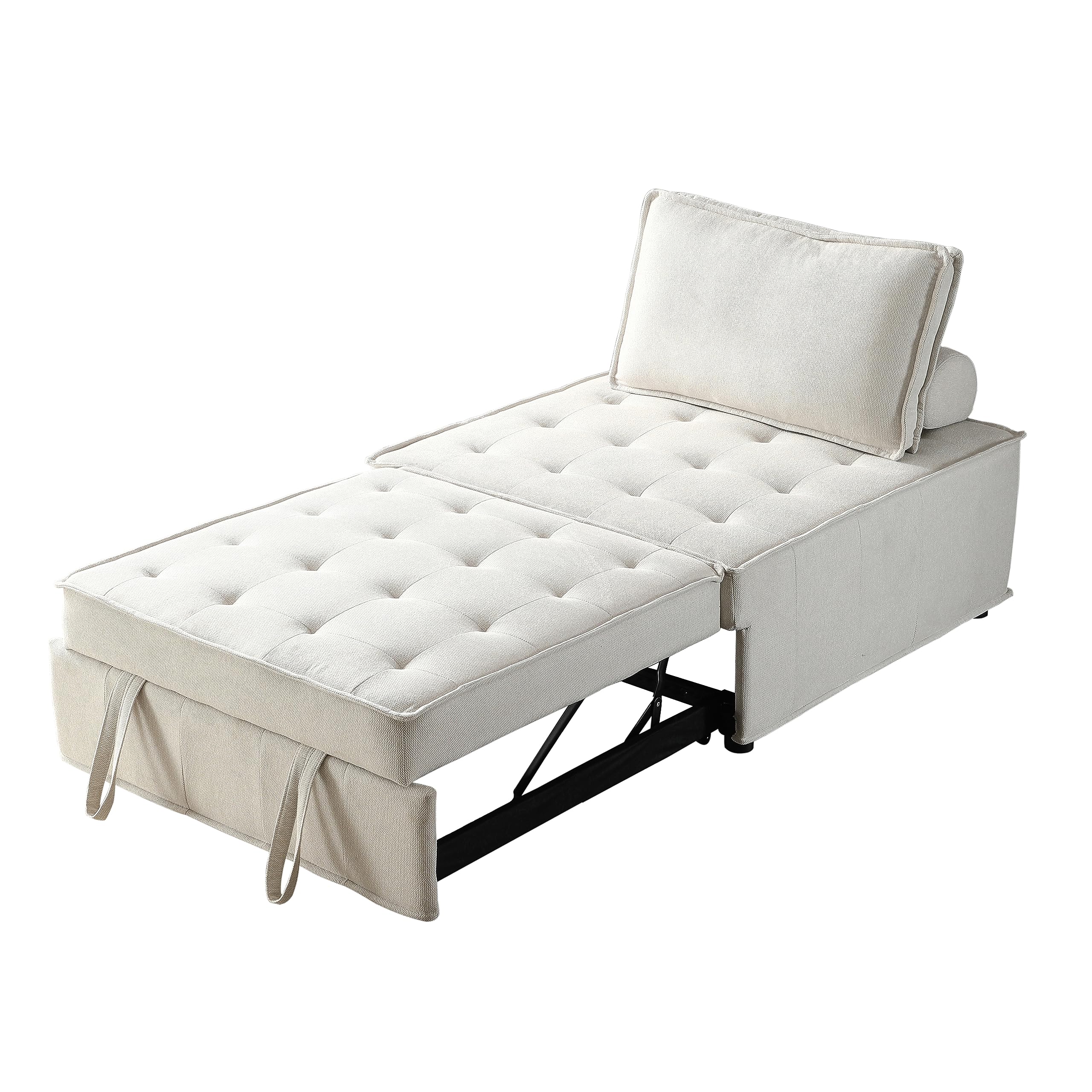 FIQHOME Pull Out Sofa, Small Tufted Velvet Convertible Couch, Easy to Assembly Faux Leather Single Bed with Removeable Backrest for Living Room Apartment (Beige+Fabric)
