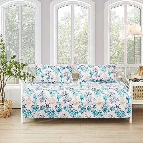3 Piece Ocean Daybed Cover Set Twin Reversible Daybed Bedding Sets Beach Theme Day Bed Cover Starfish Shell Seaweed Seahorse Printed Bedspread Coverlet for Twin Bed with 2 Standard Shams,39"x75"