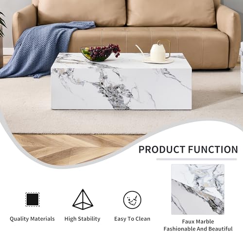 KEVINSPACE Coffee Tables for Living Room, 39.37" Modern Coffee Table Faux Marble Rectangular Drum Coffee Table, Fully-Assembled White Furniture with Mid Century Design for Waiting Area
