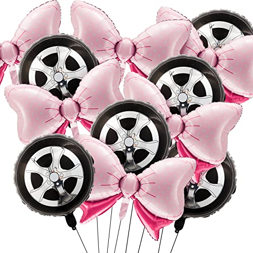 12 Pieces Burnouts or Bow Foil Balloons Black Car Wheel Balloons Gender Reveal Balloon Pink Polka Dots Bow Balloon Foil Balloons for Baby Shower Gender Reveal Wedding Birthday Party Decoration