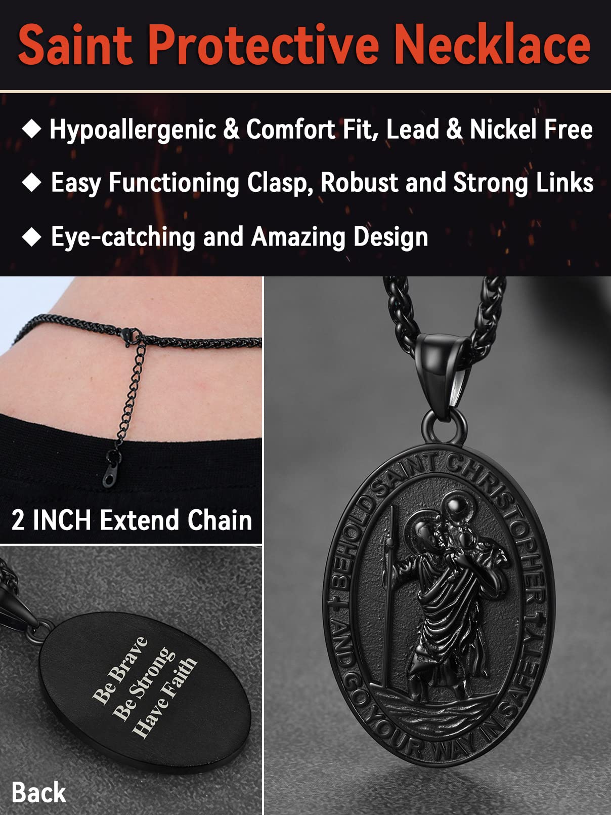 FaithHeart Black St. Christopher Necklace for Men Christian Amulet Jewelry with Stainless Steel Wheat Chain Oval Medal Pendant for Prayer