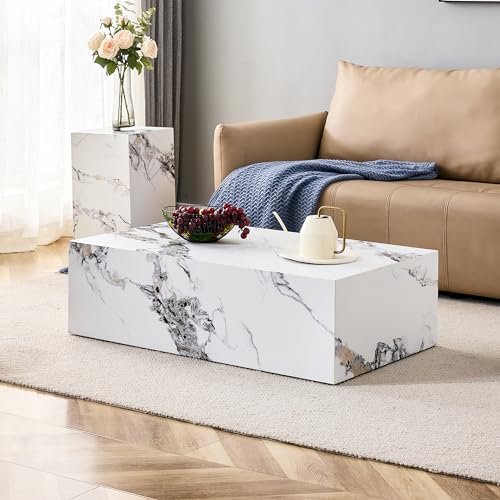 KEVINSPACE Coffee Tables for Living Room, 39.37" Modern Coffee Table Faux Marble Rectangular Drum Coffee Table, Fully-Assembled White Furniture with Mid Century Design for Waiting Area