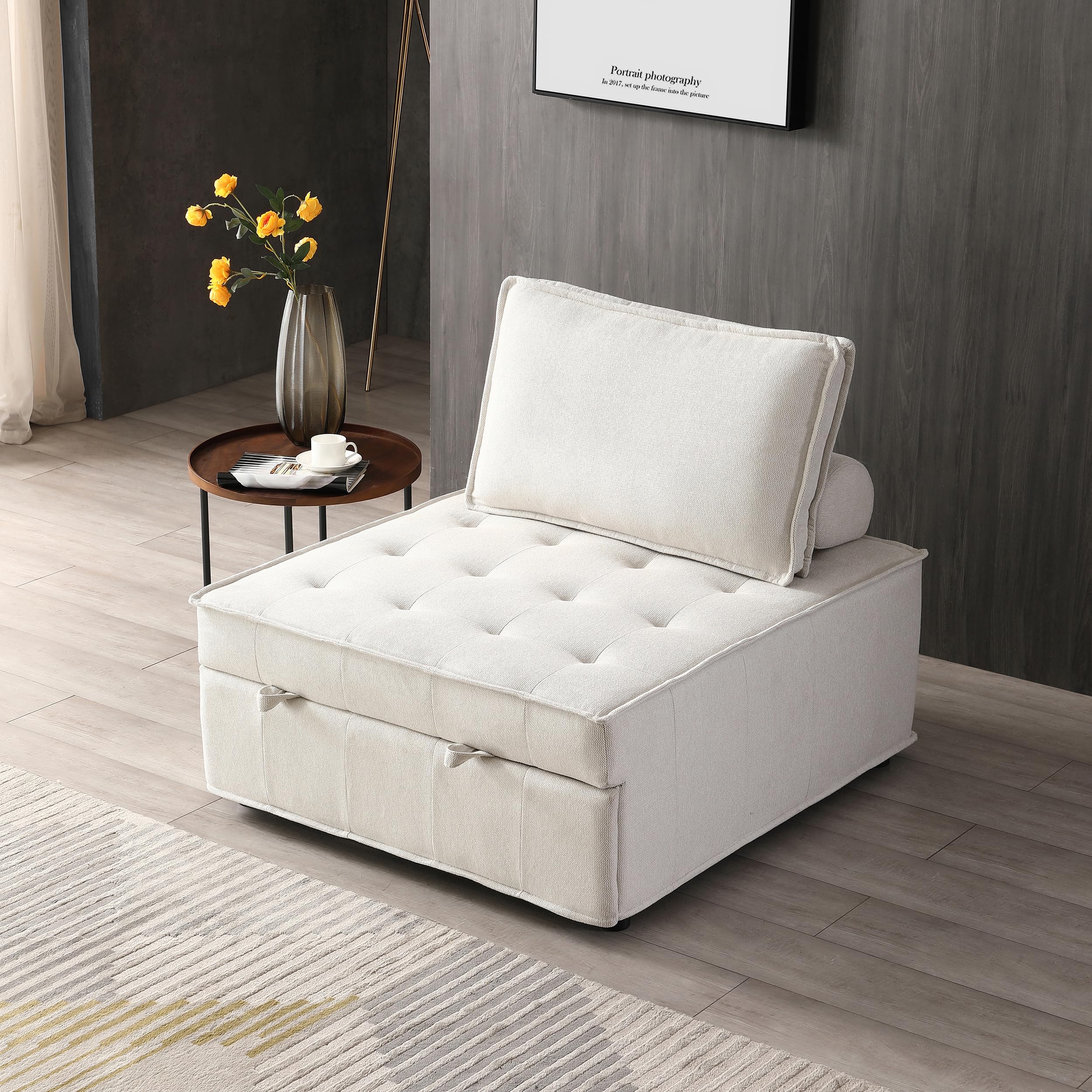 FIQHOME Pull Out Sofa, Small Tufted Velvet Convertible Couch, Easy to Assembly Faux Leather Single Bed with Removeable Backrest for Living Room Apartment (Beige+Fabric)