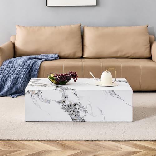KEVINSPACE Coffee Tables for Living Room, 39.37" Modern Coffee Table Faux Marble Rectangular Drum Coffee Table, Fully-Assembled White Furniture with Mid Century Design for Waiting Area