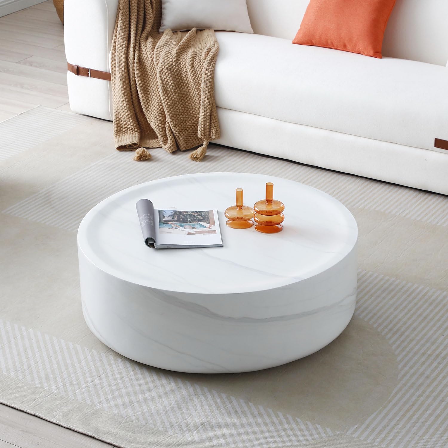 WILLIAMSPACE 35.43" Round White Coffee Table with Marble Texture, Modern Drum Circle Fiberglass Coffee Table Side Table End Table for Living Room, ø35.43"*11.81"H (White-Low Coffee Table)