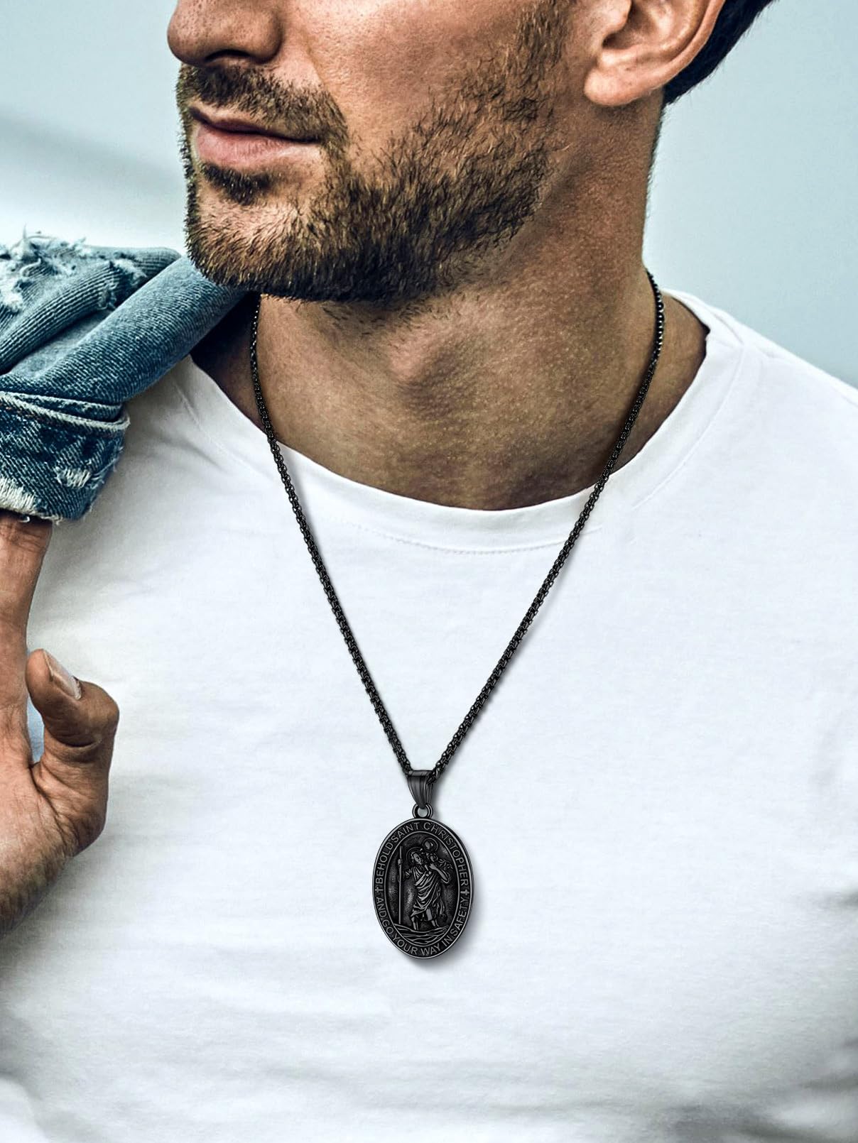 FaithHeart Black St. Christopher Necklace for Men Christian Amulet Jewelry with Stainless Steel Wheat Chain Oval Medal Pendant for Prayer