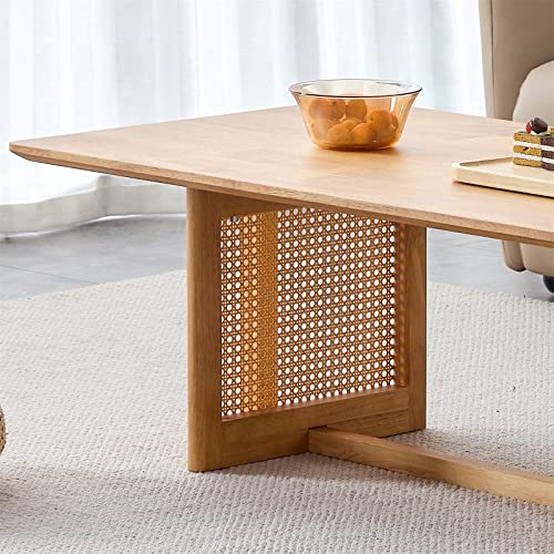 LKTART Rattan Coffee Table for Living Room, Minimalist Solid Wood Coffee Table, Rectangular Cross Legs Coffee Table for Small Space Apartment,Natural
