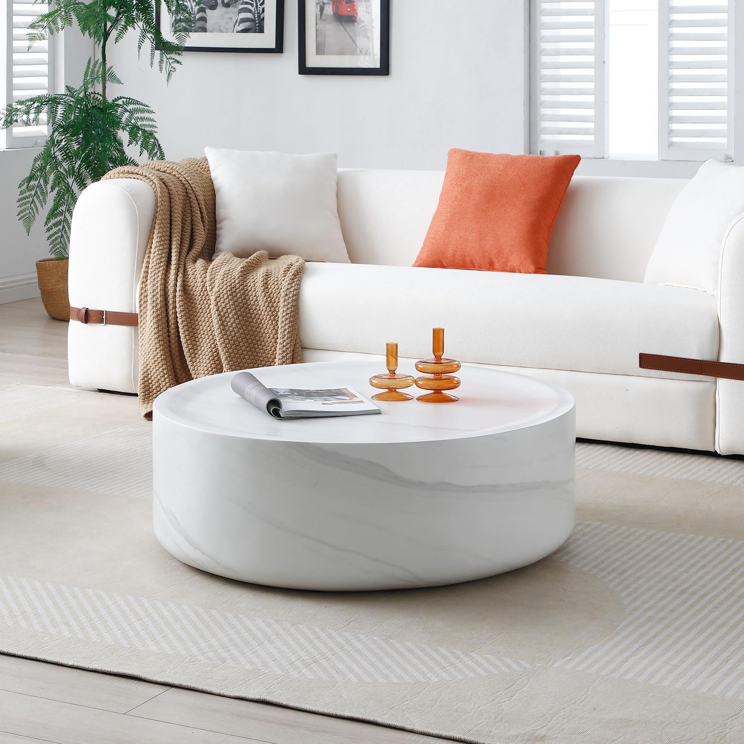 WILLIAMSPACE 35.43" Round White Coffee Table with Marble Texture, Modern Drum Circle Fiberglass Coffee Table Side Table End Table for Living Room, ø35.43"*11.81"H (White-Low Coffee Table)