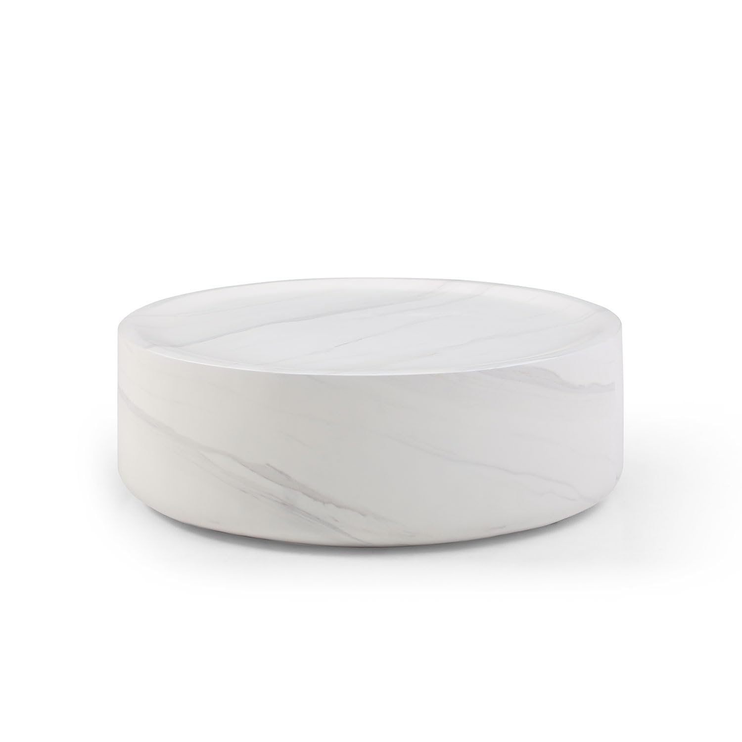 WILLIAMSPACE 35.43" Round White Coffee Table with Marble Texture, Modern Drum Circle Fiberglass Coffee Table Side Table End Table for Living Room, ø35.43"*11.81"H (White-Low Coffee Table)