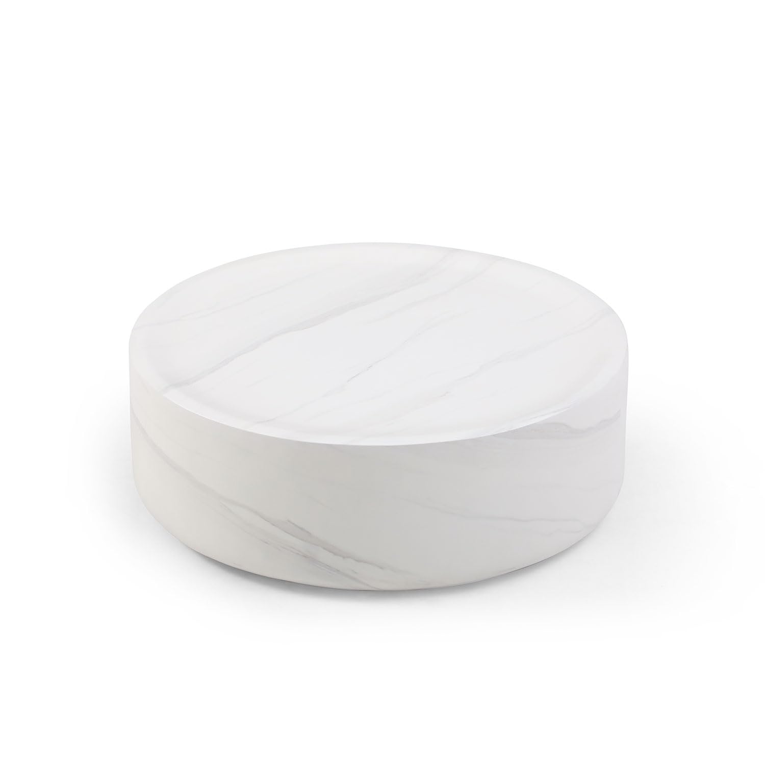 WILLIAMSPACE 35.43" Round White Coffee Table with Marble Texture, Modern Drum Circle Fiberglass Coffee Table Side Table End Table for Living Room, ø35.43"*11.81"H (White-Low Coffee Table)