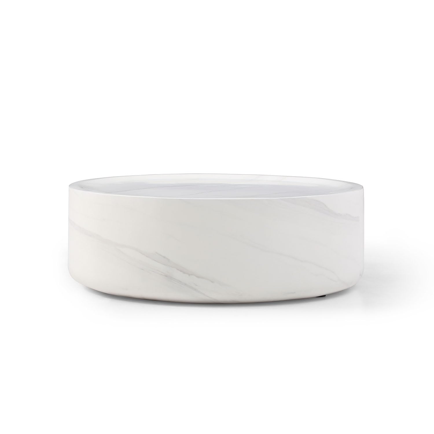 WILLIAMSPACE 35.43" Round White Coffee Table with Marble Texture, Modern Drum Circle Fiberglass Coffee Table Side Table End Table for Living Room, ø35.43"*11.81"H (White-Low Coffee Table)