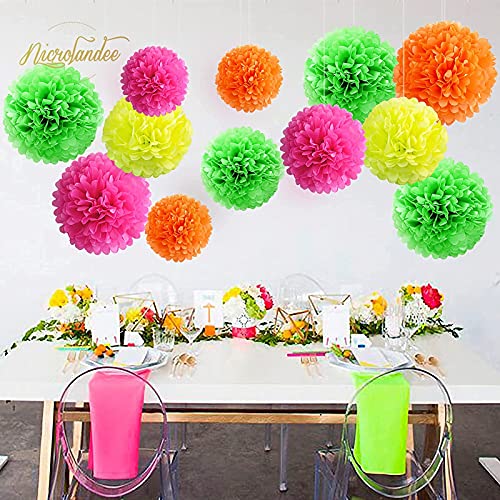 NICROLANDEE Blacklight Party Decorations - 12PCS Fluorescent Neon UV Reactive Glow Tissue Paper Pom Poms & 4Rolls Glow Crepe Paper Streamers for Graduation, Birthday, Fiesta Party, Wedding, Prom Dance