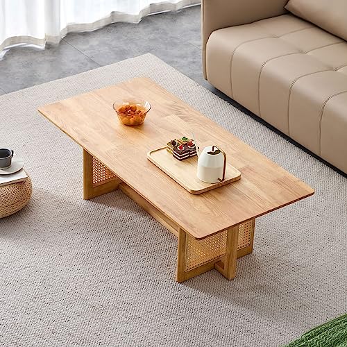 LKTART Rattan Coffee Table for Living Room, Minimalist Solid Wood Coffee Table, Rectangular Cross Legs Coffee Table for Small Space Apartment,Natural