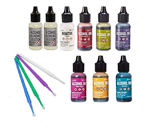 Tim Holtz Adirondack Alcohol Ink Value Pack Bundles of Favorite Colors Plus Pearl Mixative with Two Alcohol Blending Solutions, Bonus Purple Turtle Blending Sticks, (Favorite 5 Bolds)