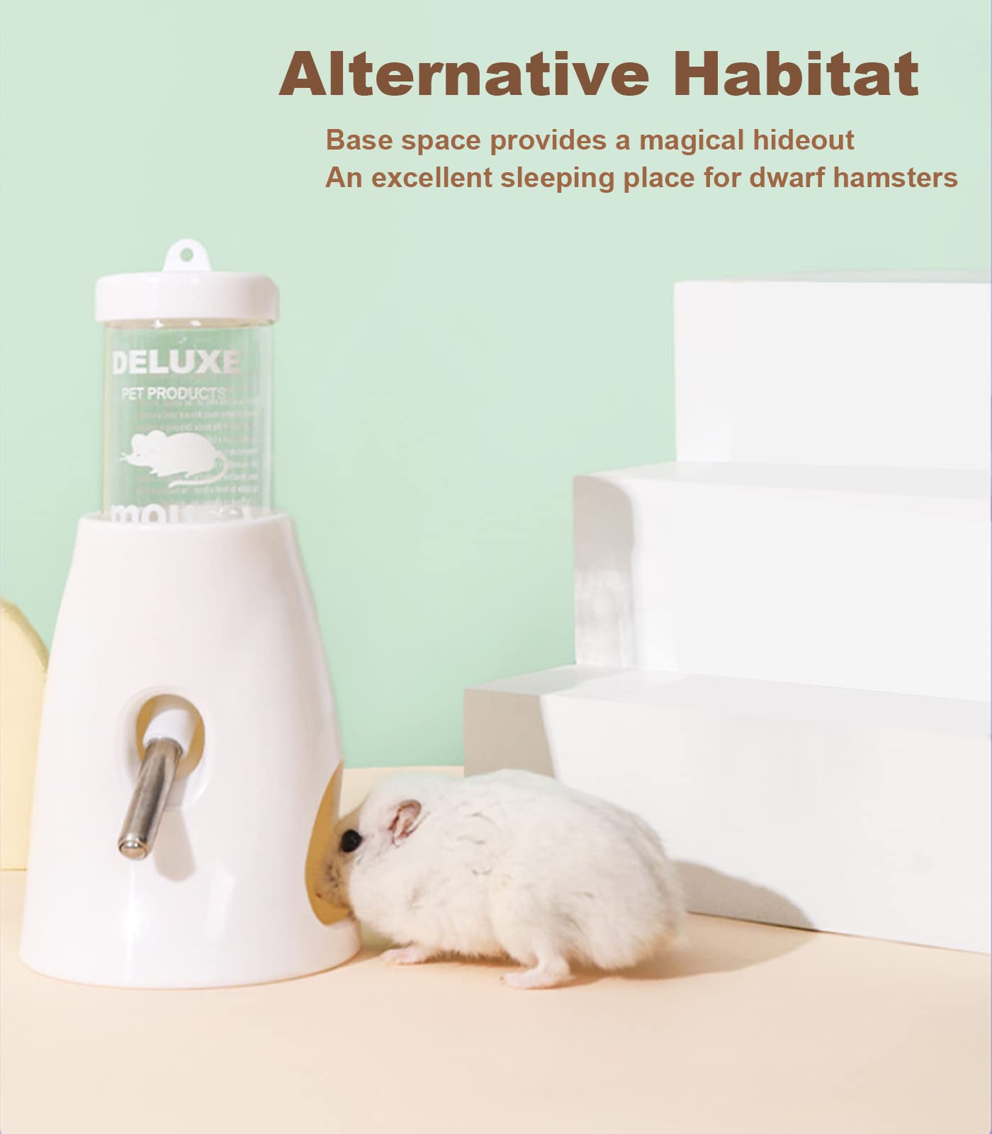 Hamster Water Bottle with Stand, Small Animal Water Dispenser, with Hideout Space, Leak-Proof, for Dwarf Hamsters