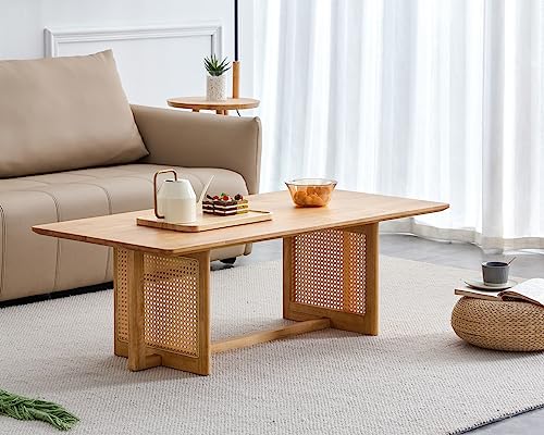 LKTART Rattan Coffee Table for Living Room, Minimalist Solid Wood Coffee Table, Rectangular Cross Legs Coffee Table for Small Space Apartment,Natural