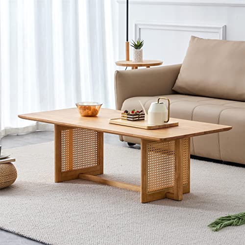 LKTART Rattan Coffee Table for Living Room, Minimalist Solid Wood Coffee Table, Rectangular Cross Legs Coffee Table for Small Space Apartment,Natural