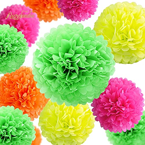 NICROLANDEE Blacklight Party Decorations - 12PCS Fluorescent Neon UV Reactive Glow Tissue Paper Pom Poms & 4Rolls Glow Crepe Paper Streamers for Graduation, Birthday, Fiesta Party, Wedding, Prom Dance