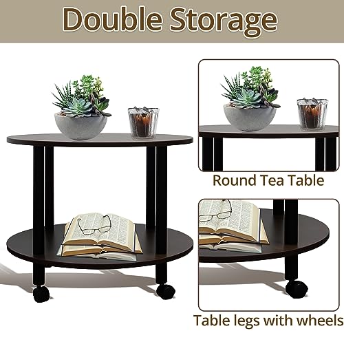 JIFULI Round Coffee Table, 23.62 inch Coffee Table for Living Room, Small Coffee Table with Open Storage, Mobile Coffee Table with Wheels, Wood Coffee Table for Modern Design Home