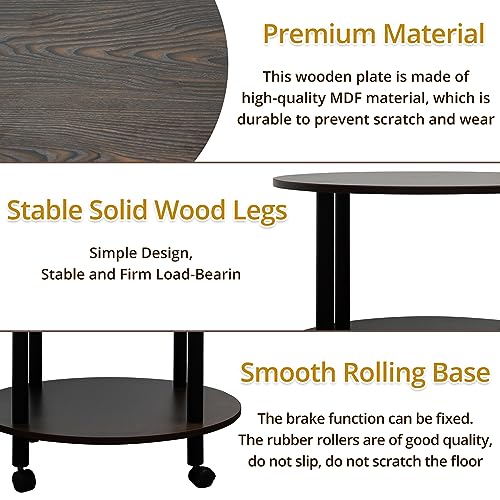 JIFULI Round Coffee Table, 23.62 inch Coffee Table for Living Room, Small Coffee Table with Open Storage, Mobile Coffee Table with Wheels, Wood Coffee Table for Modern Design Home
