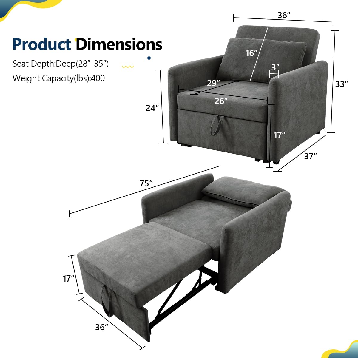 Mlxgoie Convertible Sofa Bed Chair, 3-in-1 Multi-Functional Sleeper Single Futon Chair Bed with Modern Linen Fabric & Tufted Pillow for Compact Living Room, Apartment, Dorm - Grey