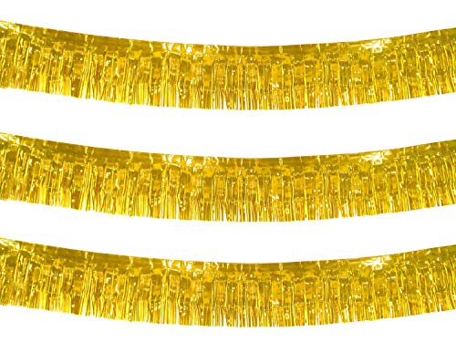 Blukey 10 Feet Long Roll Foil Fringe Garland - Pack of 3 | Shiny Metallic Tassle Banner | Ideal for Parade Floats, Bridal Shower, Wedding, Birthday | Wall Hanging Fringe Garland Banner (Gold)