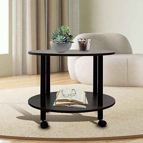 JIFULI Round Coffee Table, 23.62 inch Coffee Table for Living Room, Small Coffee Table with Open Storage, Mobile Coffee Table with Wheels, Wood Coffee Table for Modern Design Home