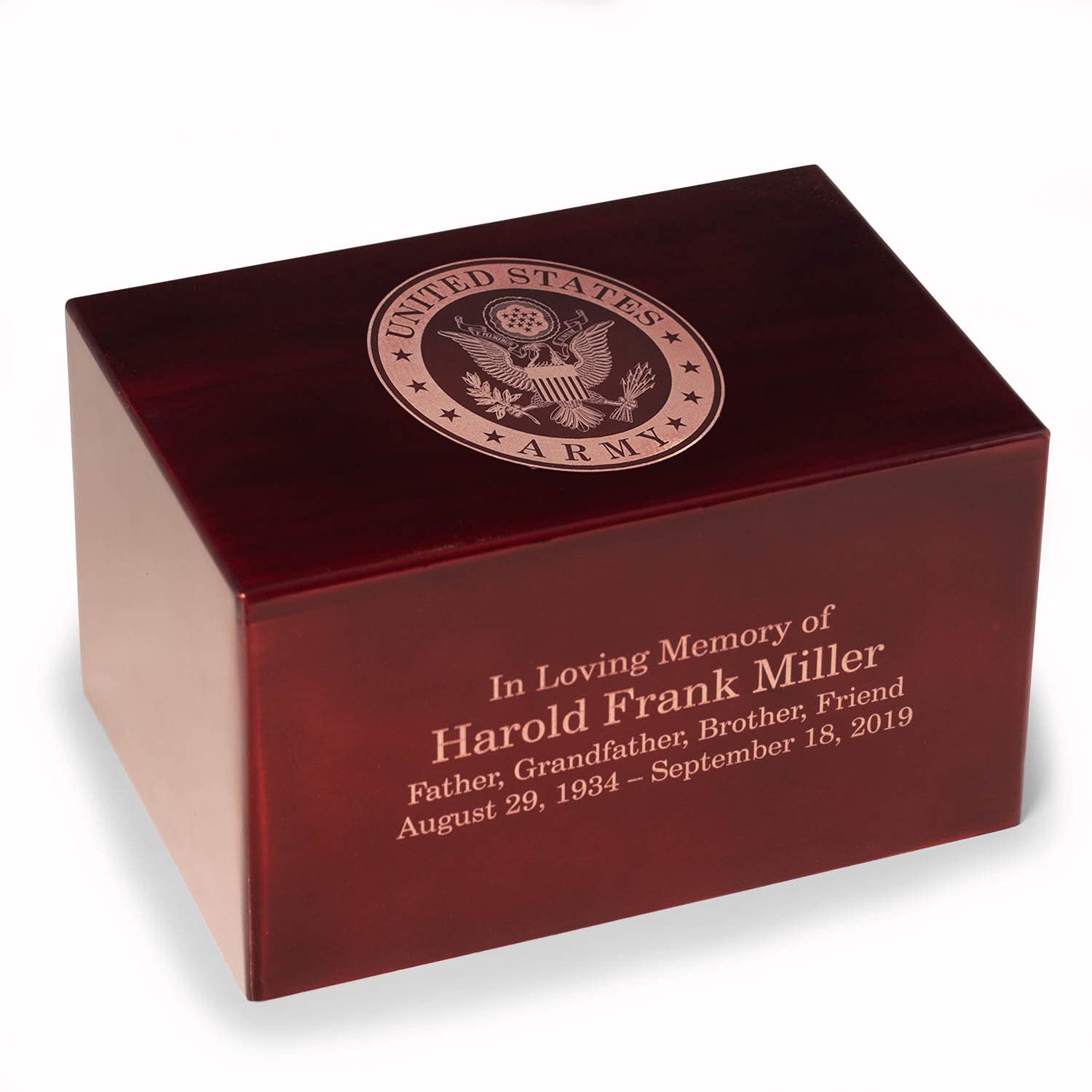 Custom Engraved US Army Lacquered Rosewood Human Cremation Urn for Human Ashes (X-Large)