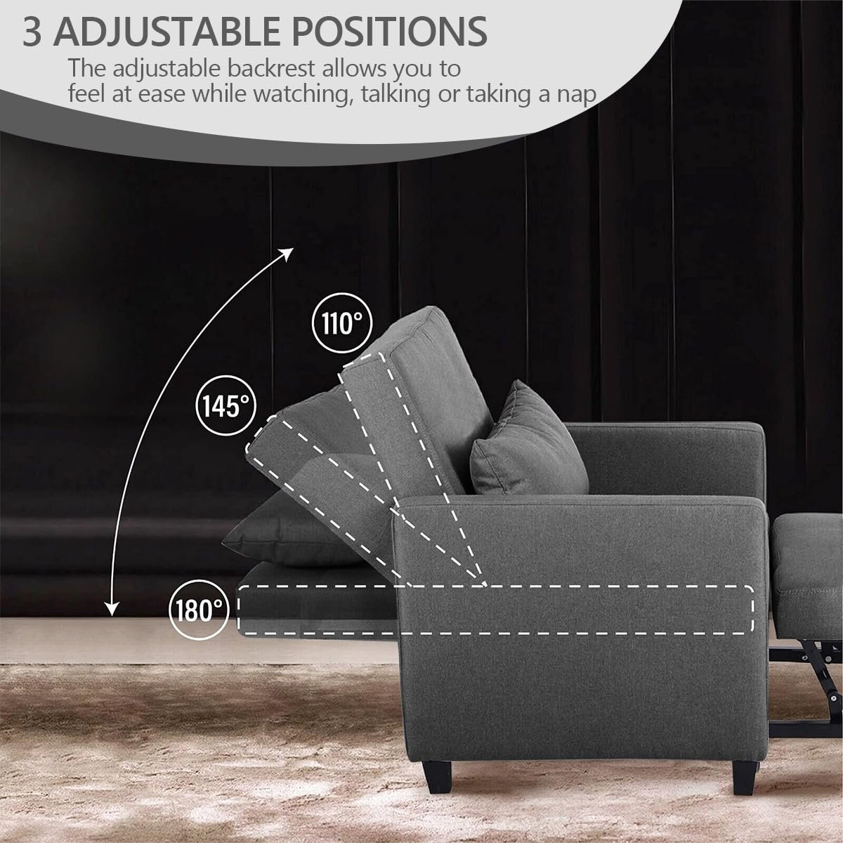 Mlxgoie Convertible Sofa Bed Chair, 3-in-1 Multi-Functional Sleeper Single Futon Chair Bed with Modern Linen Fabric & Tufted Pillow for Compact Living Room, Apartment, Dorm - Grey