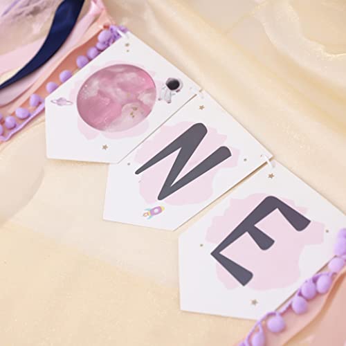 Outer Space Planets High Chair Banner - Astronaut Rocket 1st Birthday Girl High Chair ONE Banner - First Trip Around the Sun Party Decor (PINK GIRL SPACE HF)