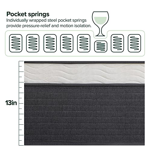 ZINUS 13 Inch Comfort Essential Pocket Spring Hybrid Mattress, Queen, Pressure Relieving Support, CertiPUR-US Certified, Mattress in A Box