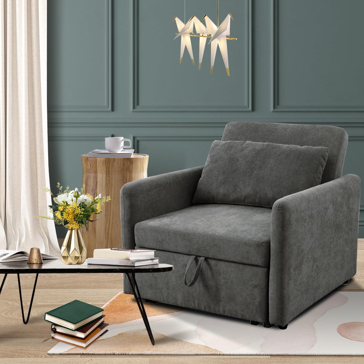 Mlxgoie Convertible Sofa Bed Chair, 3-in-1 Multi-Functional Sleeper Single Futon Chair Bed with Modern Linen Fabric & Tufted Pillow for Compact Living Room, Apartment, Dorm - Grey