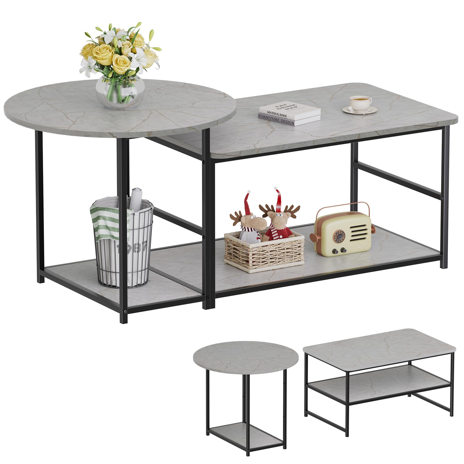 WOHOMO Coffee Table, Modern Style Coffee Tables for Living Room Marble Center Table with Storage 2 in 1Detachable Table Set,Grey Marble
