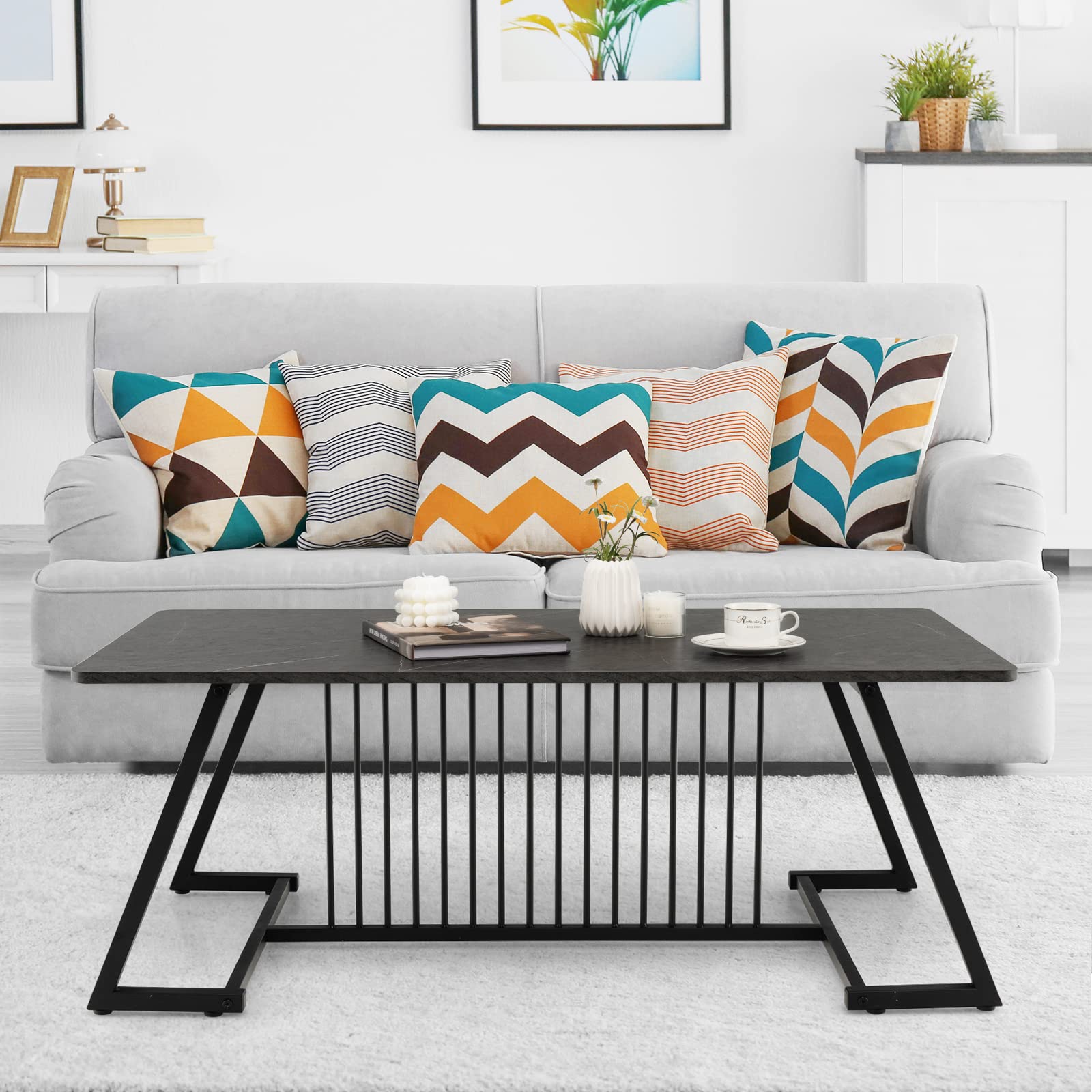 Giantex Modern Coffee Table, 48" x 24" Rectangular Coffee Table with Marble Spacious Tabletop & Adjustable Feet, Large Tea Table for Living Room Office Reception Room (Black)