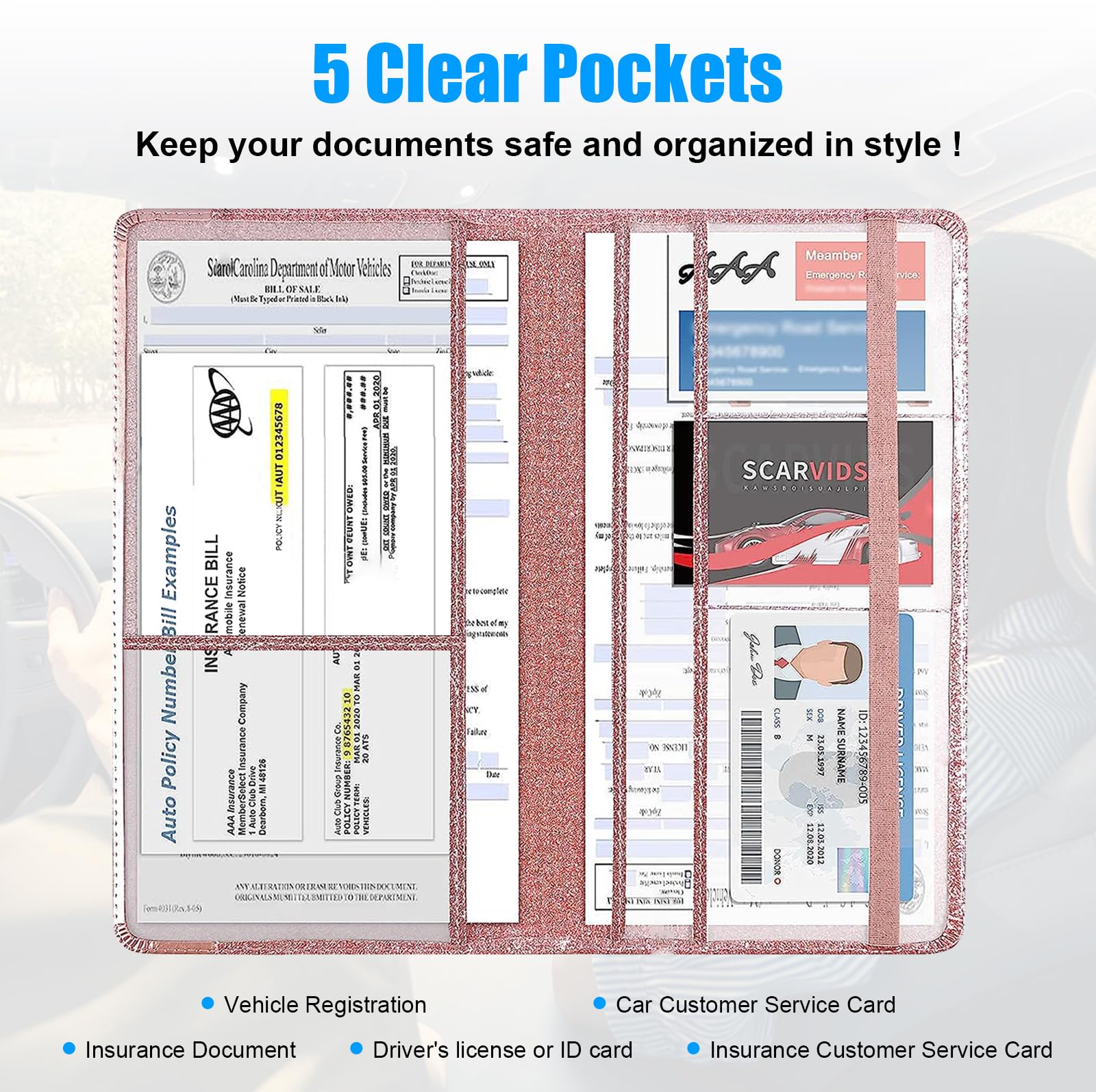Kewucn Car Registration and Insurance Holder, Leather Vehicle License Document Glove Box Compartment Organizer, Key Information Cards, Driver License (Rose Gold)