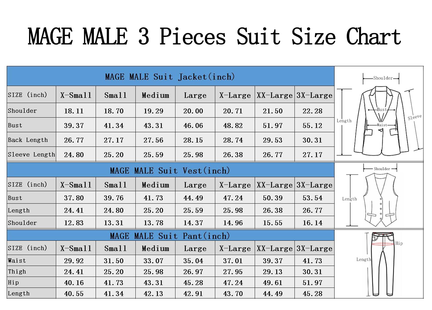 MAGE MALE Men's 3 Pieces Suit Slim Fit Notch Lapel One Button Business Wedding Party Solid Blazer Jacket Vest Pants Set with Tie Black