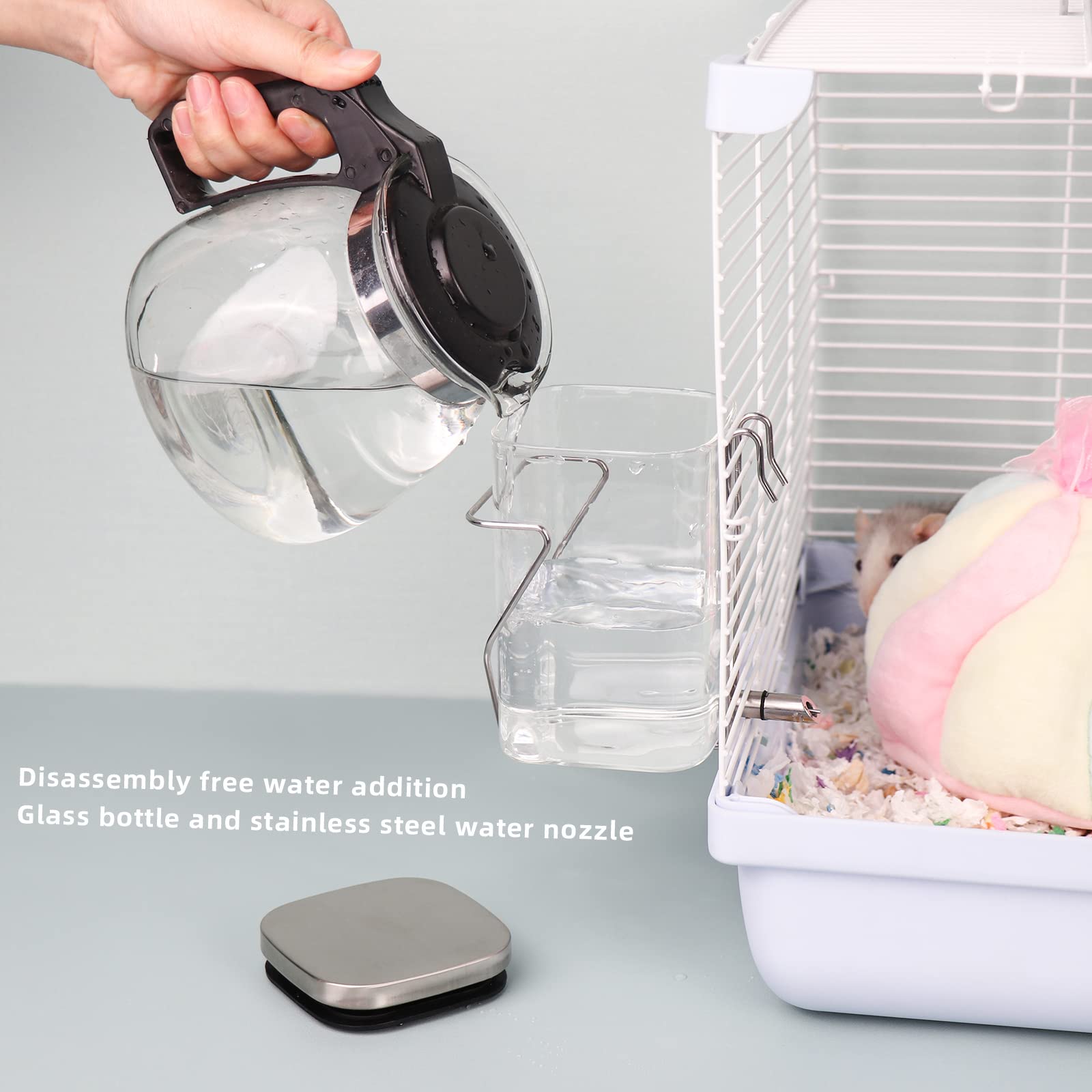 Hamster Water Bottle, Small Animal Glass Waterer, Stainless Steel Nozzle No-Drip Drinker Waterer for Sugar Glider, Rat and Birds (10.1oz)