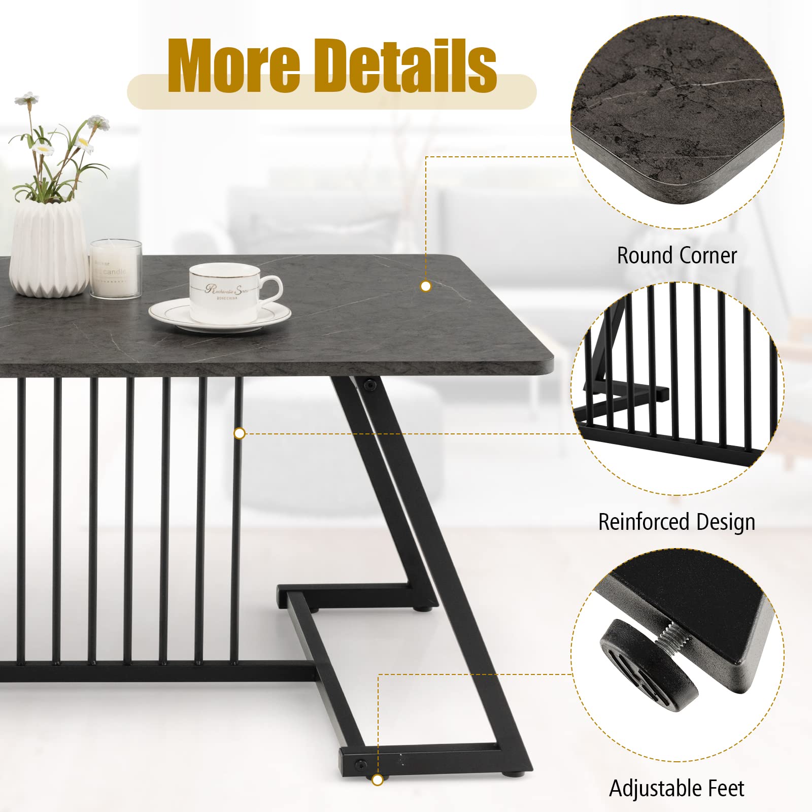 Giantex Modern Coffee Table, 48" x 24" Rectangular Coffee Table with Marble Spacious Tabletop & Adjustable Feet, Large Tea Table for Living Room Office Reception Room (Black)