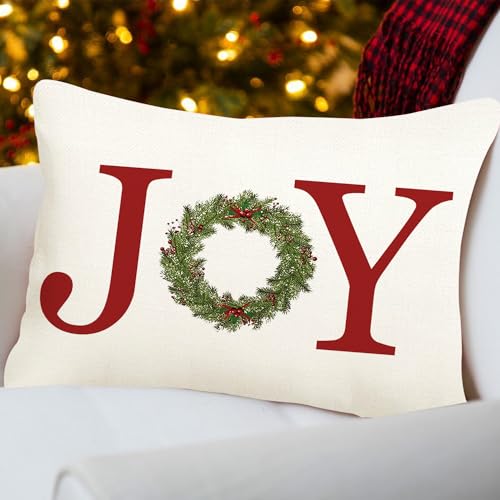 ADFLOOD Christmas Pillow Covers 12X20 Joy Christmas Garland Decorative Throw Pillows Decoration Holiday Party Red Cushion Case for Home Couch Sofa