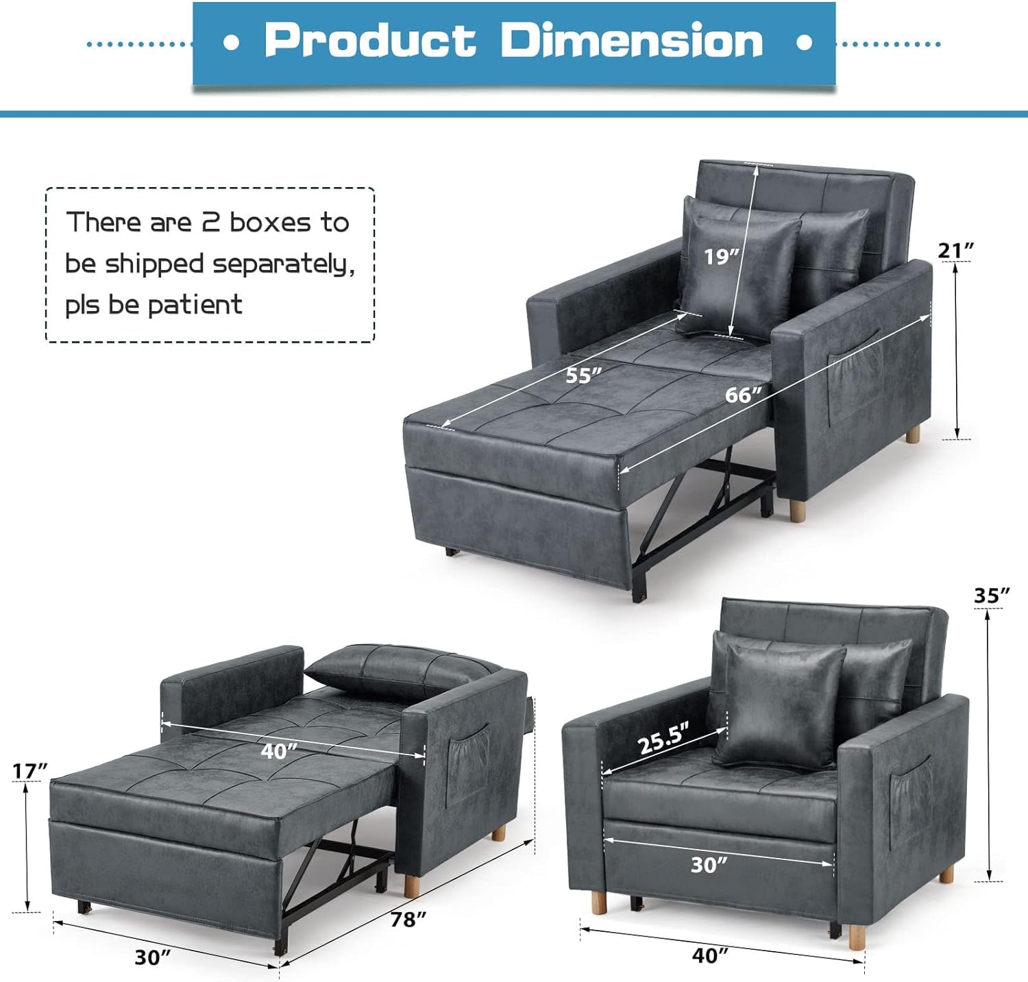 YODOLLA Futon Chair Bed, 3-in-1 Convertible Chair Sleeper for Adults, Pull Out Sofa Bed with Adjustable Backrest,Sofa,Lounger Chair,Single Bed,Convertible Chair Bed for Adults, Bronze Dark Grey