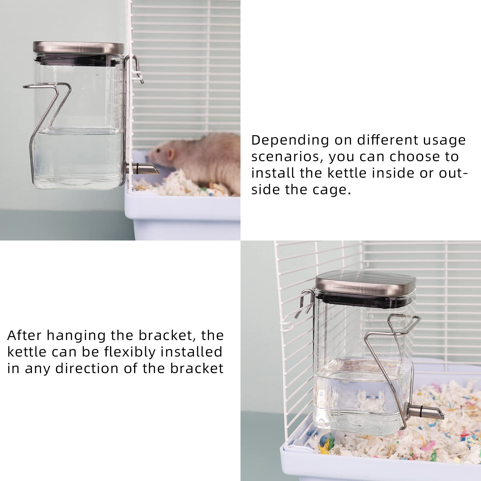 Hamster Water Bottle, Small Animal Glass Waterer, Stainless Steel Nozzle No-Drip Drinker Waterer for Sugar Glider, Rat and Birds (10.1oz)