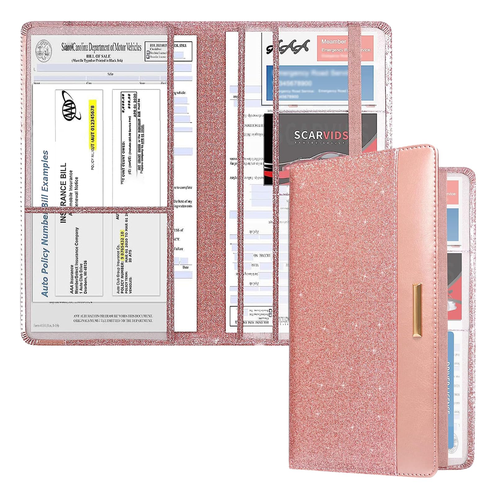 Kewucn Car Registration and Insurance Holder, Leather Vehicle License Document Glove Box Compartment Organizer, Key Information Cards, Driver License (Rose Gold)