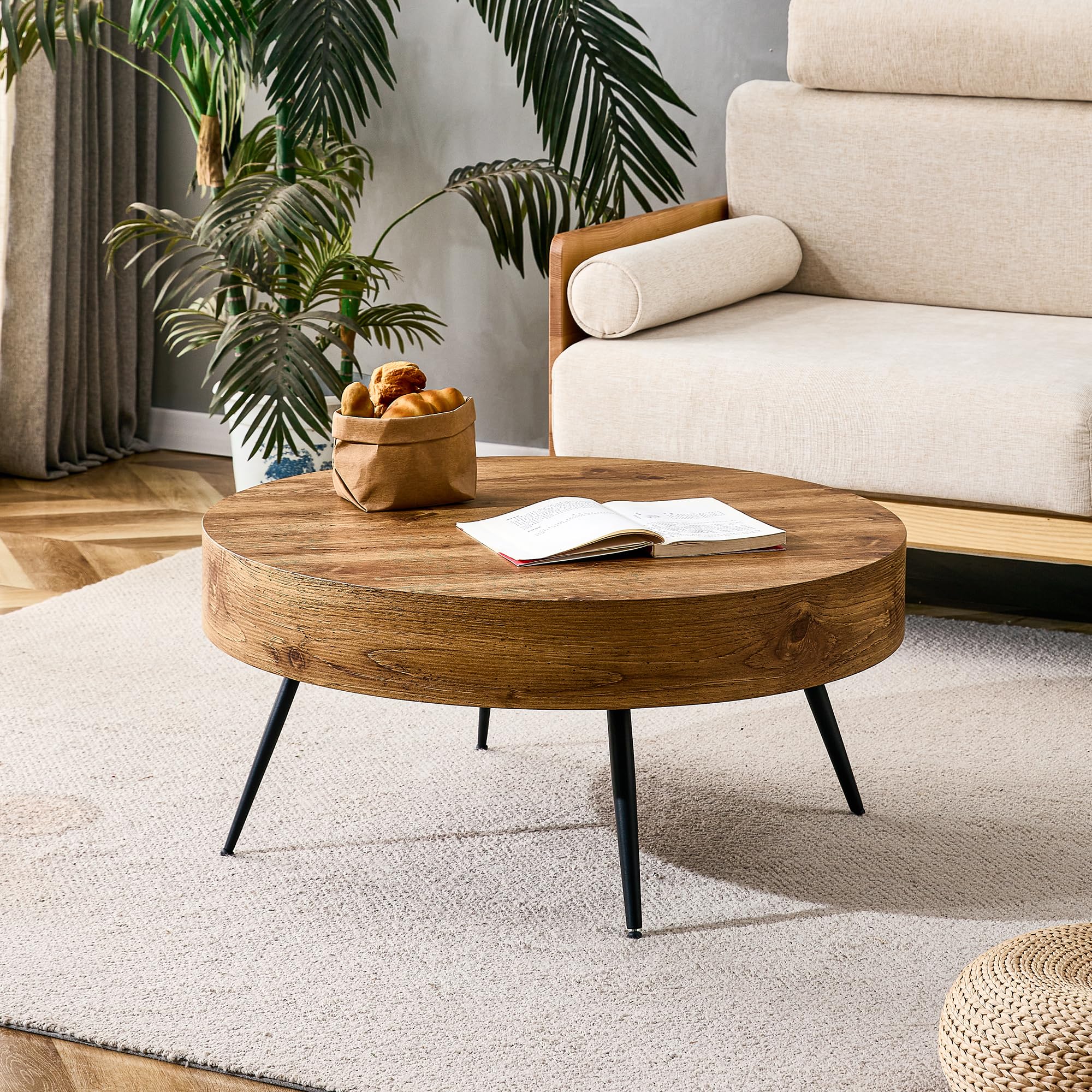 SSLine Round Coffee Table,Modern Center Table Sofa Side Tea Table Home Furniture with MDF Tabletop for Living Room Home and Office