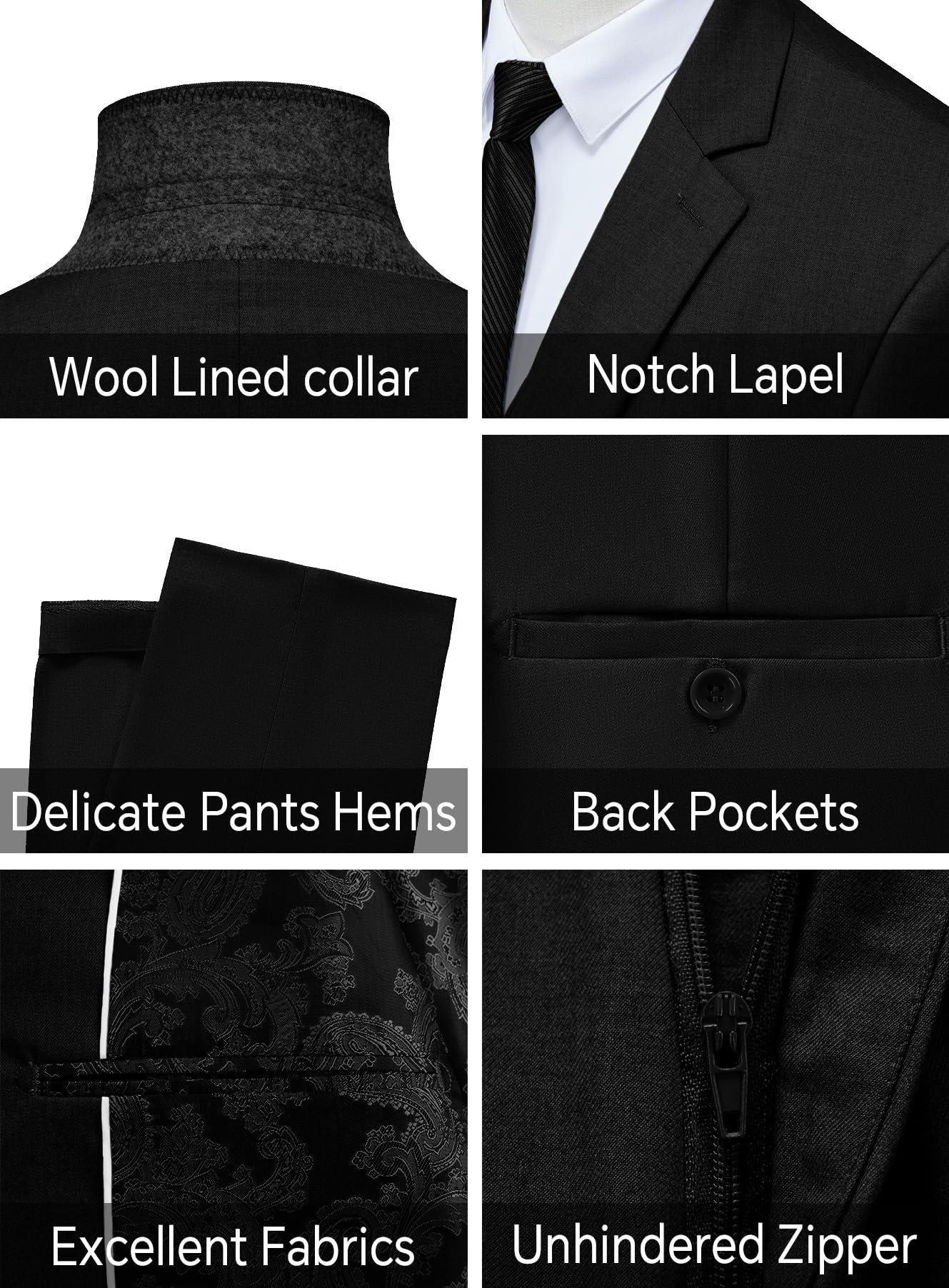 MAGE MALE Men's 3 Pieces Suit Slim Fit Notch Lapel One Button Business Wedding Party Solid Blazer Jacket Vest Pants Set with Tie Black