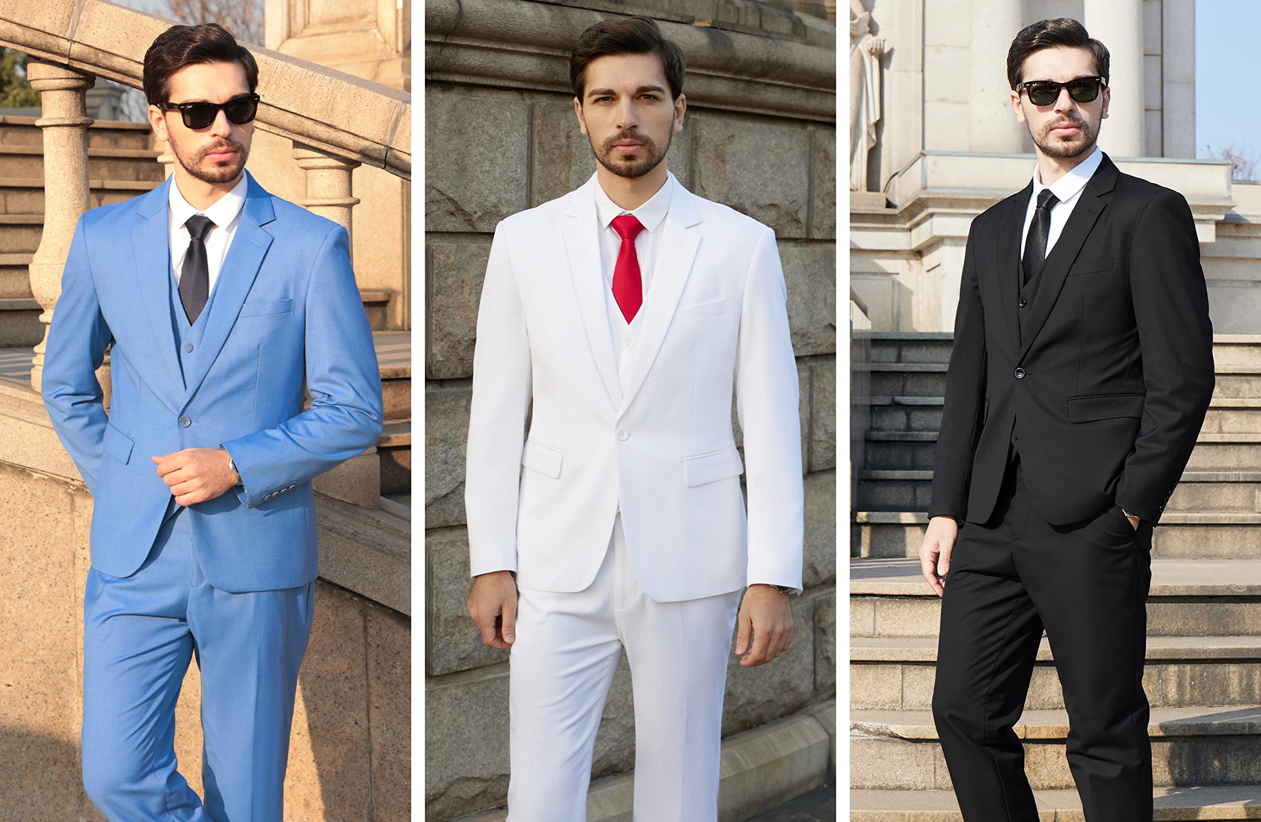 MAGE MALE Men's 3 Pieces Suit Slim Fit Notch Lapel One Button Business Wedding Party Solid Blazer Jacket Vest Pants Set with Tie Black