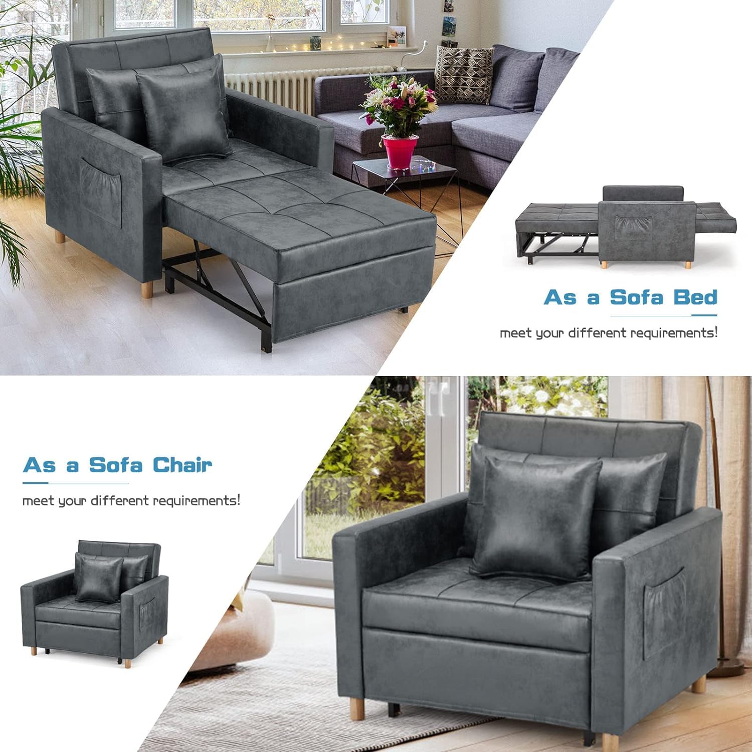YODOLLA Futon Chair Bed, 3-in-1 Convertible Chair Sleeper for Adults, Pull Out Sofa Bed with Adjustable Backrest,Sofa,Lounger Chair,Single Bed,Convertible Chair Bed for Adults, Bronze Dark Grey